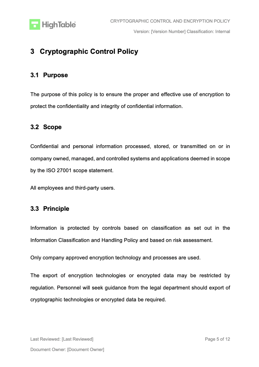 ISO 27001 Cryptographic Control & Encryption Policy Template | Word