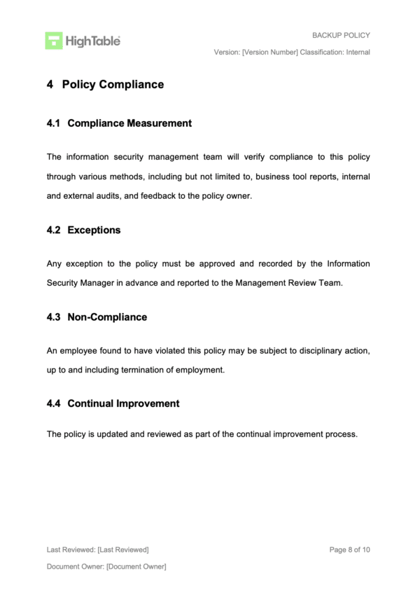 ISO 27001 Backup Policy Template | Word | High Table