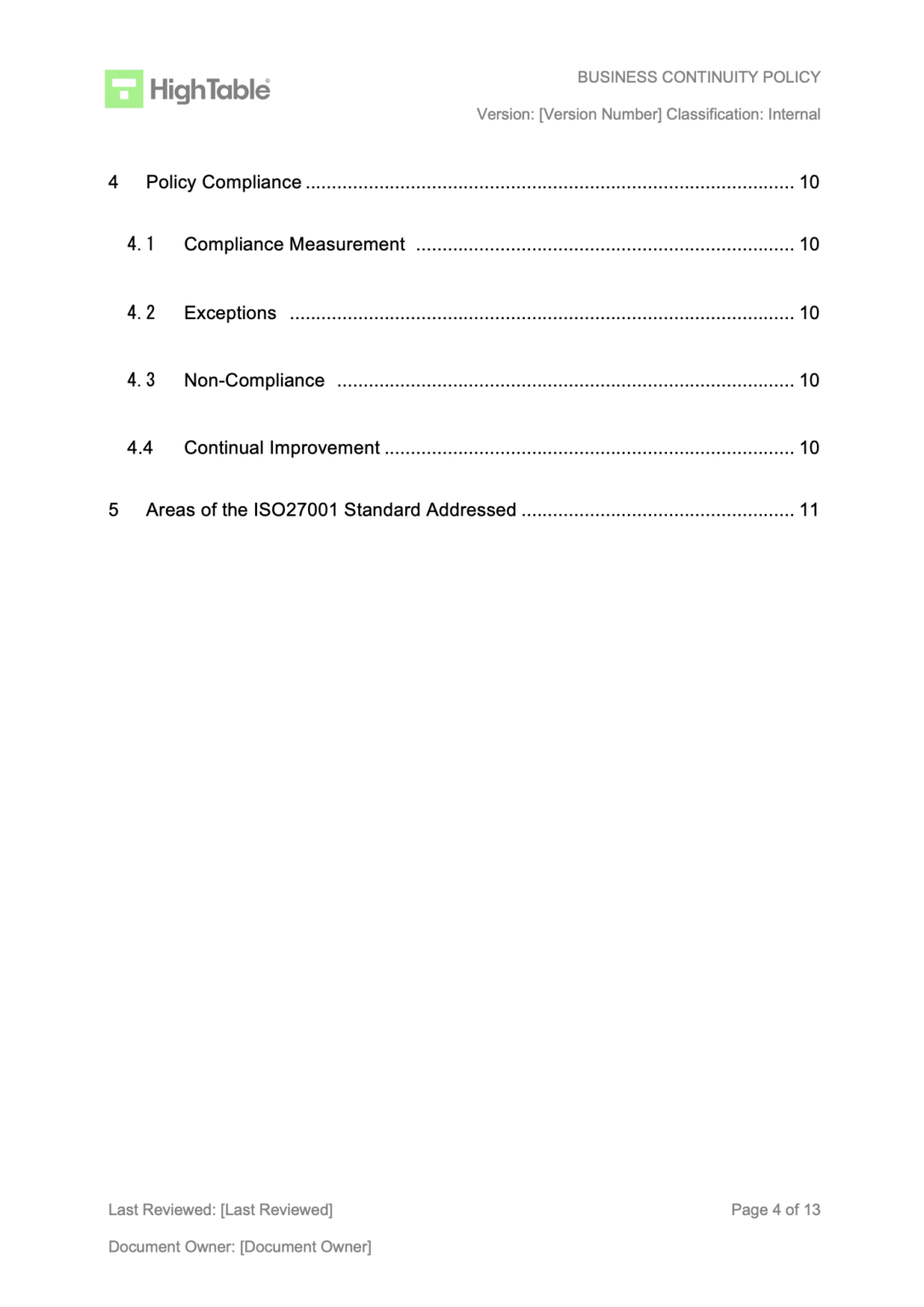 ISO 27001:2022 Business Continuity Policy Template | Word