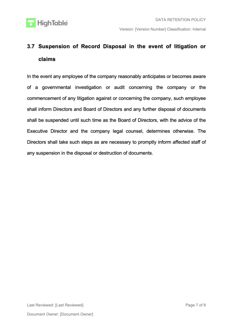 ISO 27001 Data Retention Policy Template | Word | High Table