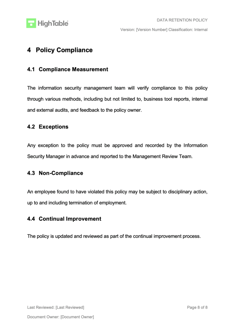 ISO 27001 Data Retention Policy Template | Word | High Table