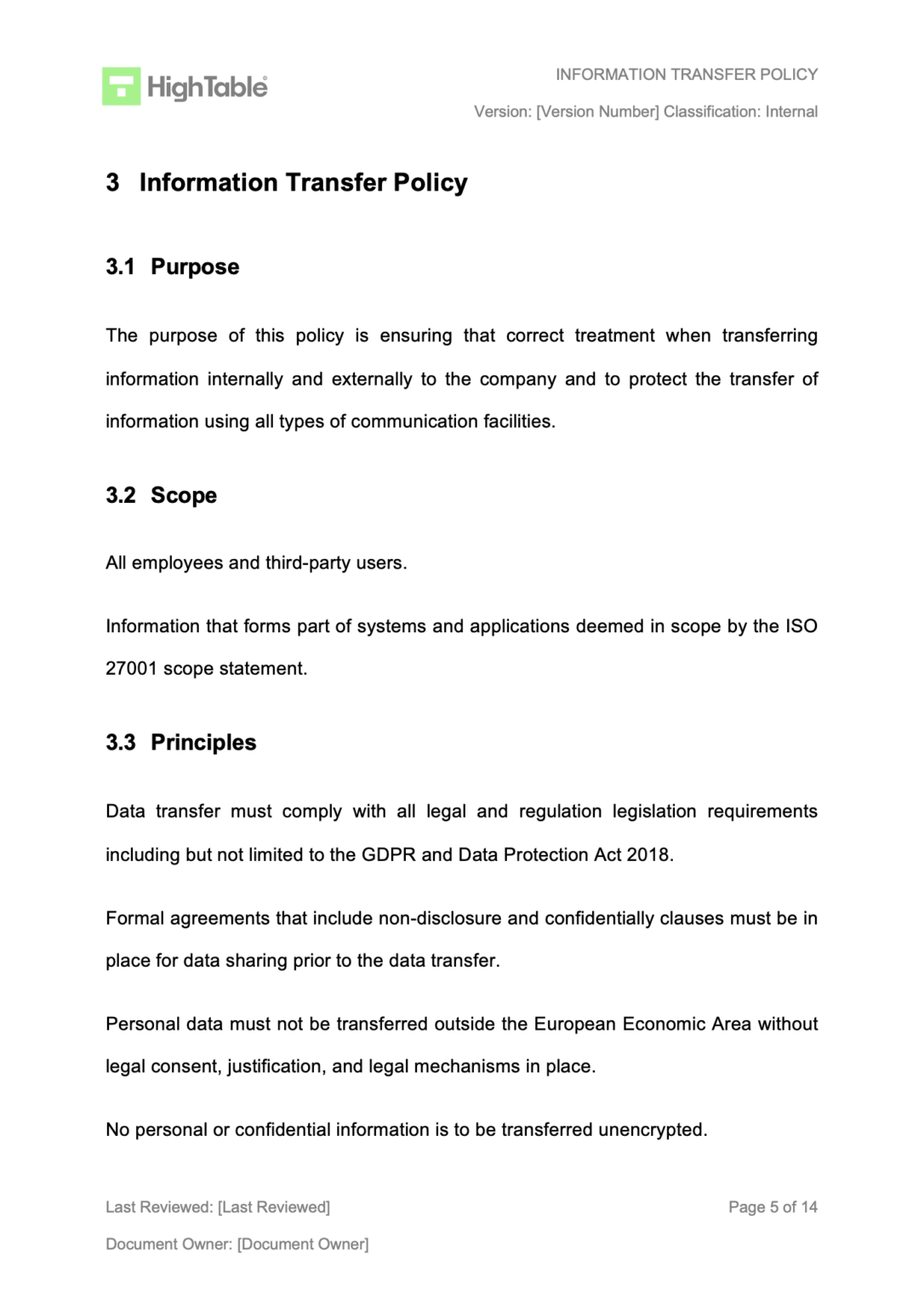 ISO 27001 Information Transfer Policy Template | Word