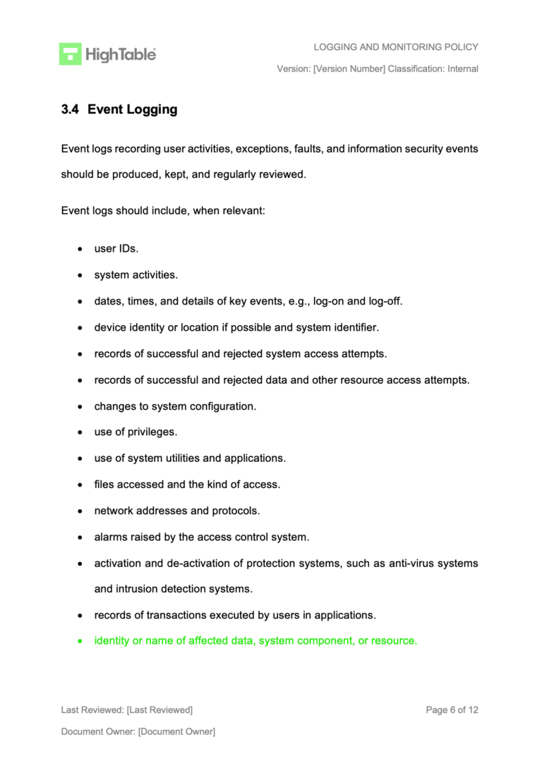 ISO 27001 Logging and Monitoring Policy Template | Word | High Table
