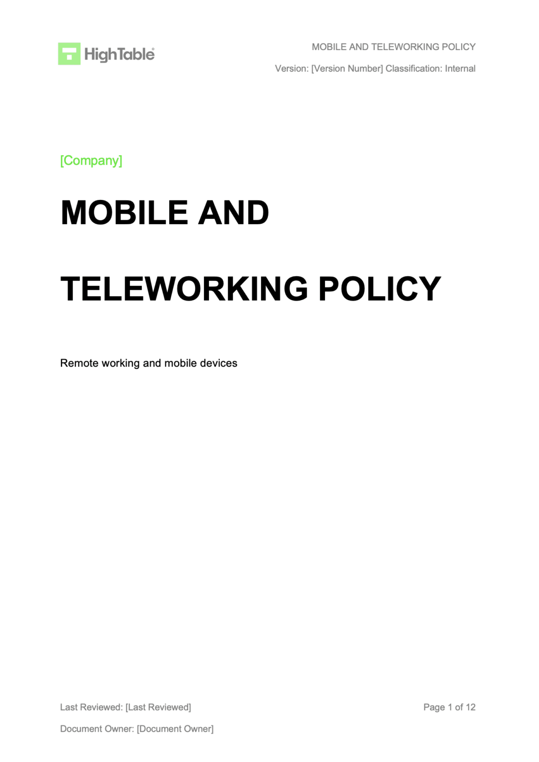 ISO 27001 Mobile and Remote Working Policy Template | Word | High Table