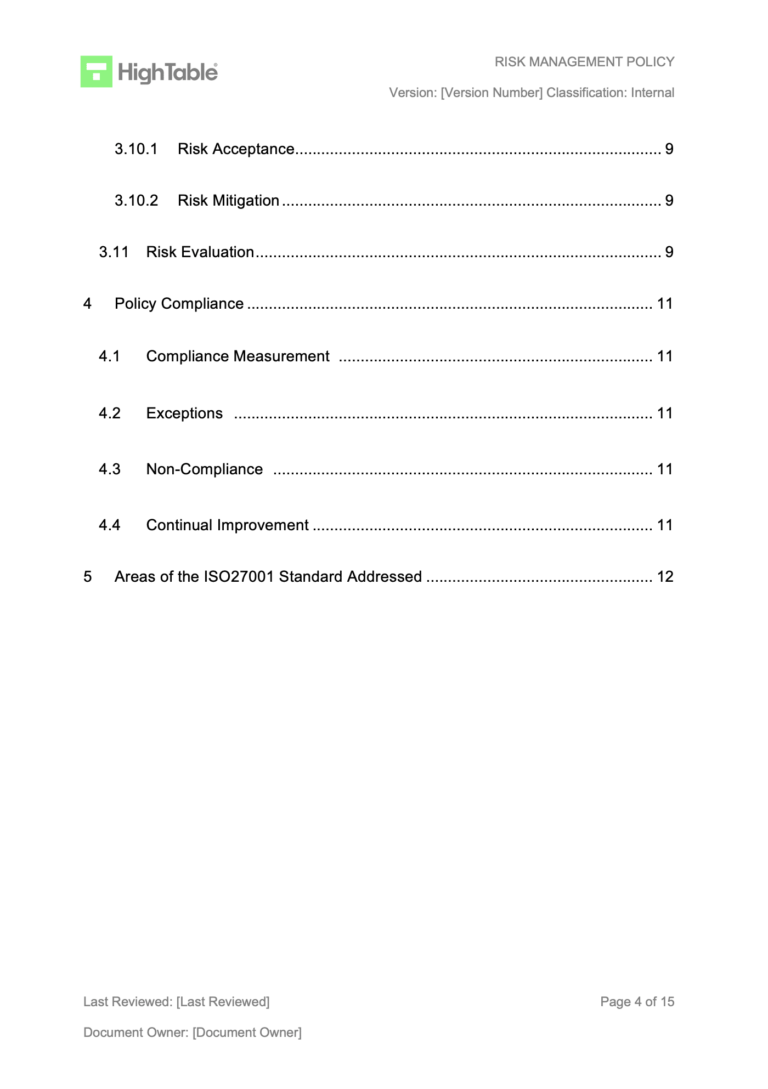 ISO 27001 Risk Management Policy Template | Word | High Table