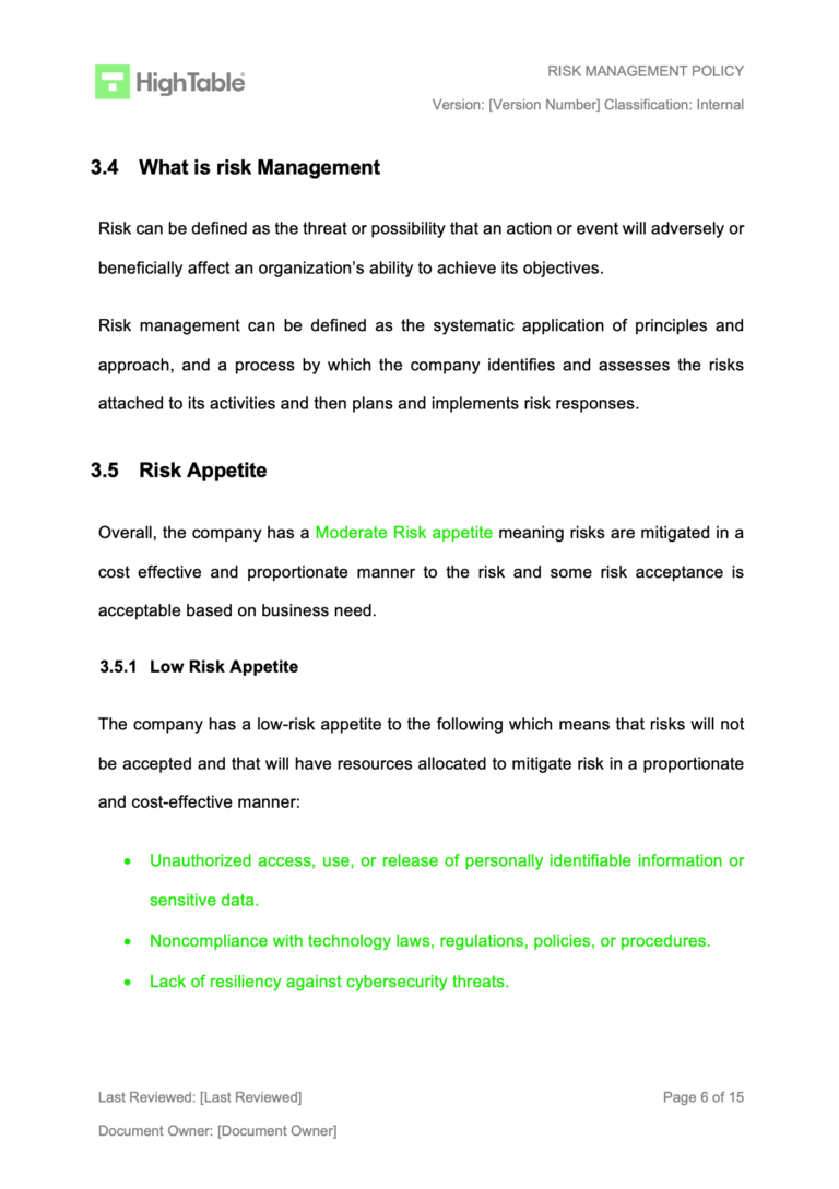 ISO 27001 Risk Management Policy Template | Word | High Table