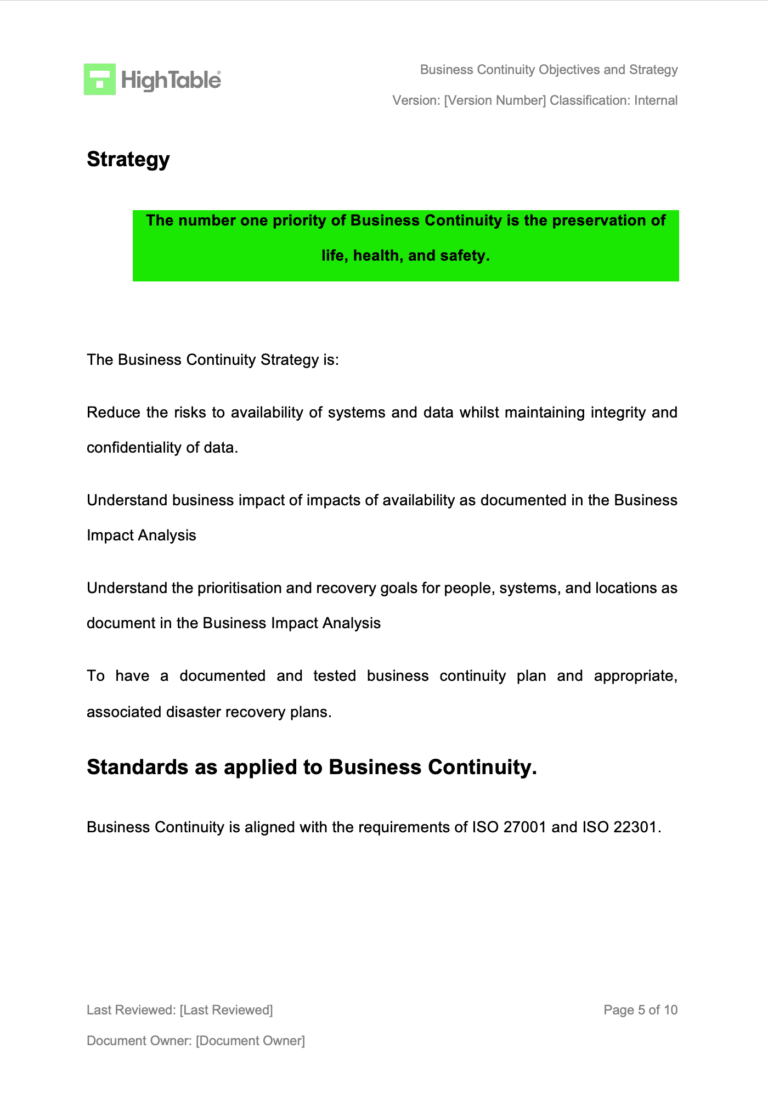 ISO 27001:2022 Business Continuity Objectives and Strategy Template | Word