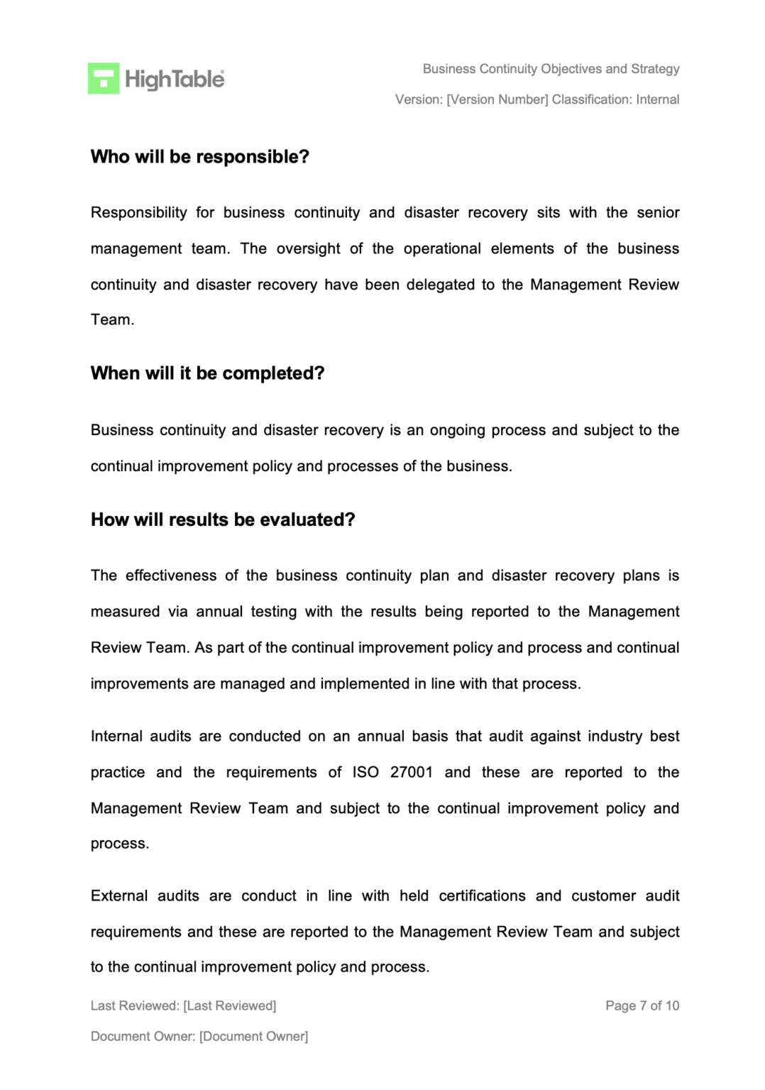 ISO 27001:2022 Business Continuity Objectives and Strategy Template | Word