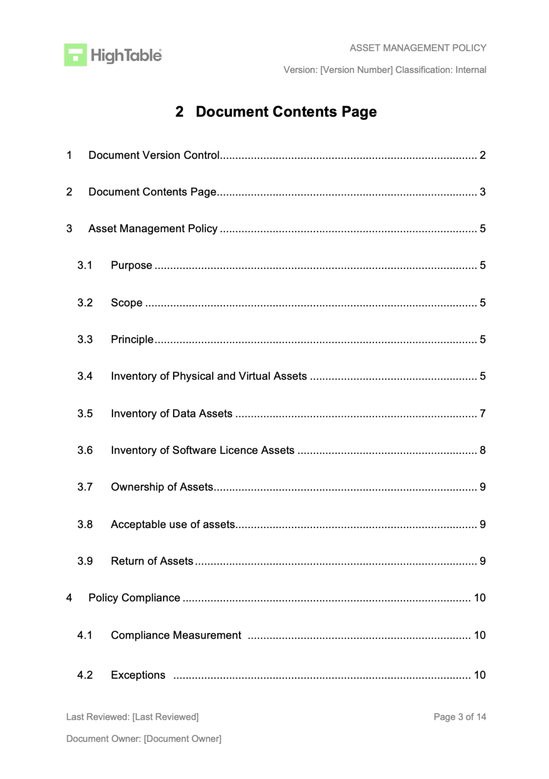 ISO 27001 Asset Management Policy Template | Word | High Table