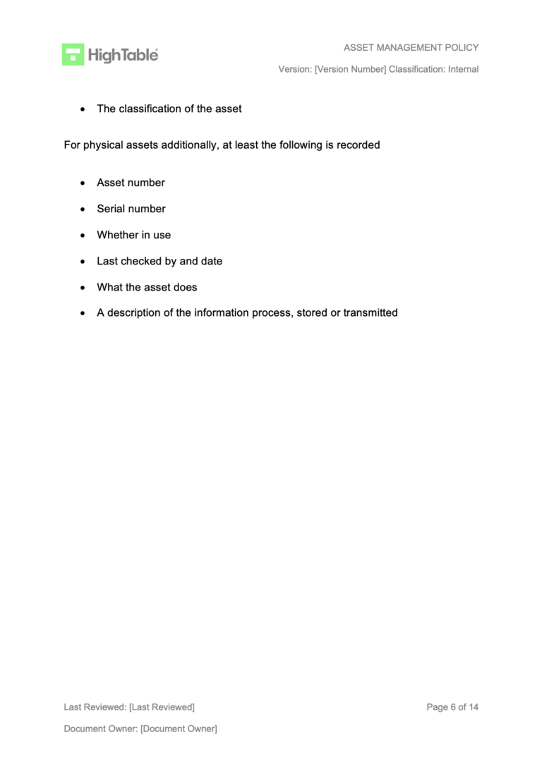 ISO 27001 Asset Management Policy Template | Word | High Table
