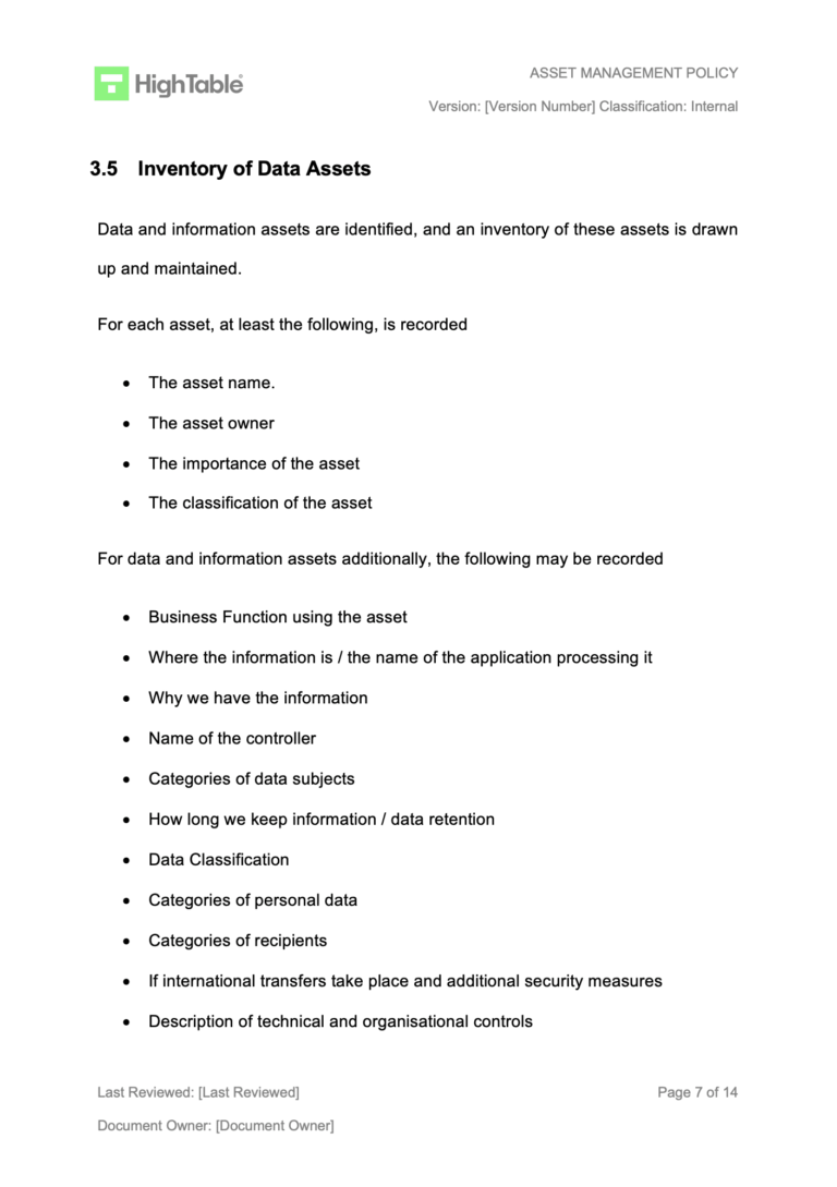 ISO 27001 Asset Management Policy Template | Word | High Table