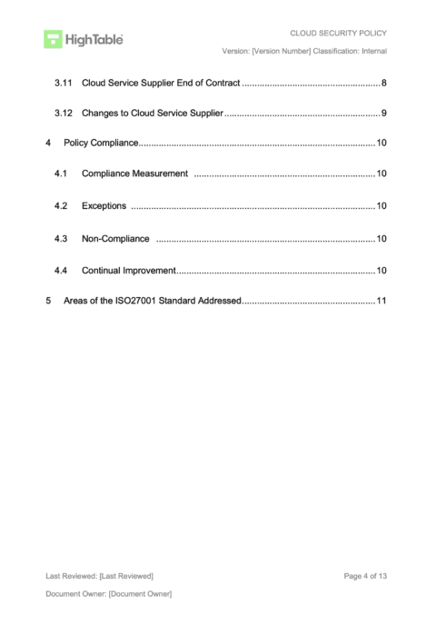 ISO 27001:2022 Cloud Services Security Policy Template | Word