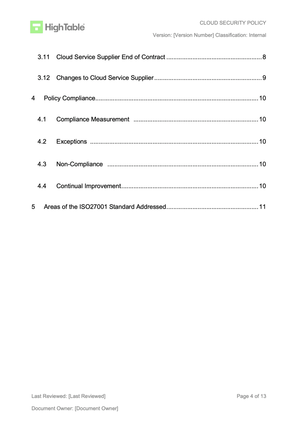 ISO 27001:2022 Cloud Services Security Policy Template | Word