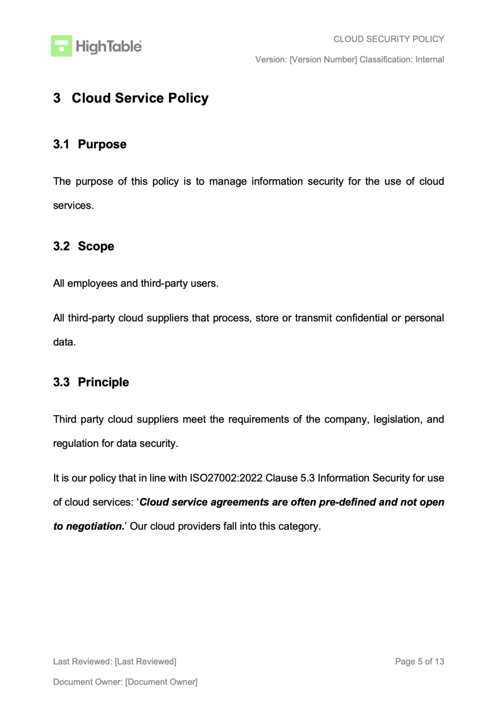 ISO 27001:2022 Cloud Services Security Policy Template | Word